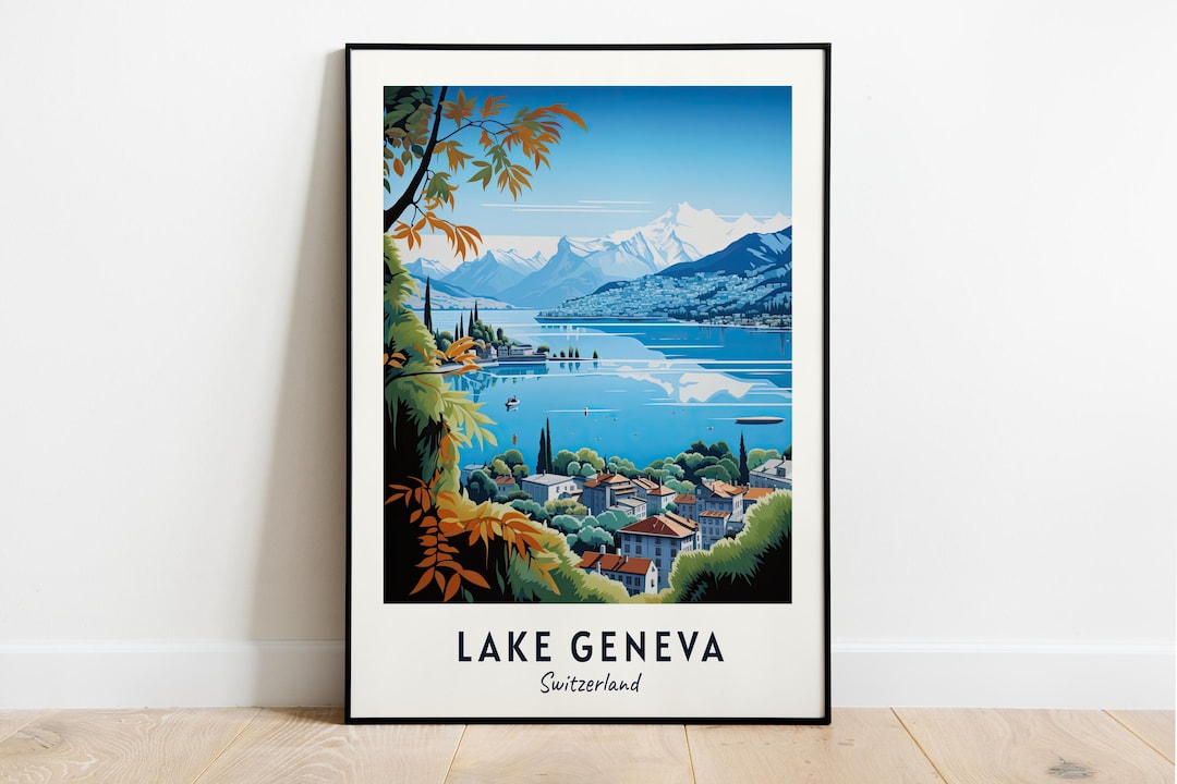 Lake Geneva Travel Poster Lake Geneva Switzerland Wall Art Switzerland ...