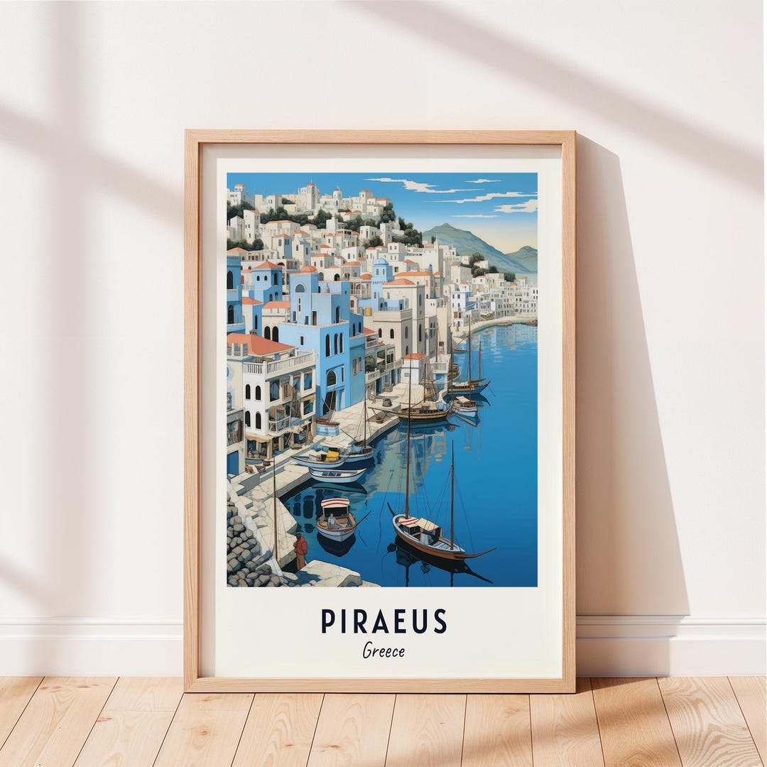 Piraeus Travel Poster Mikrolimano Harbor Wall Art Greece Print ...