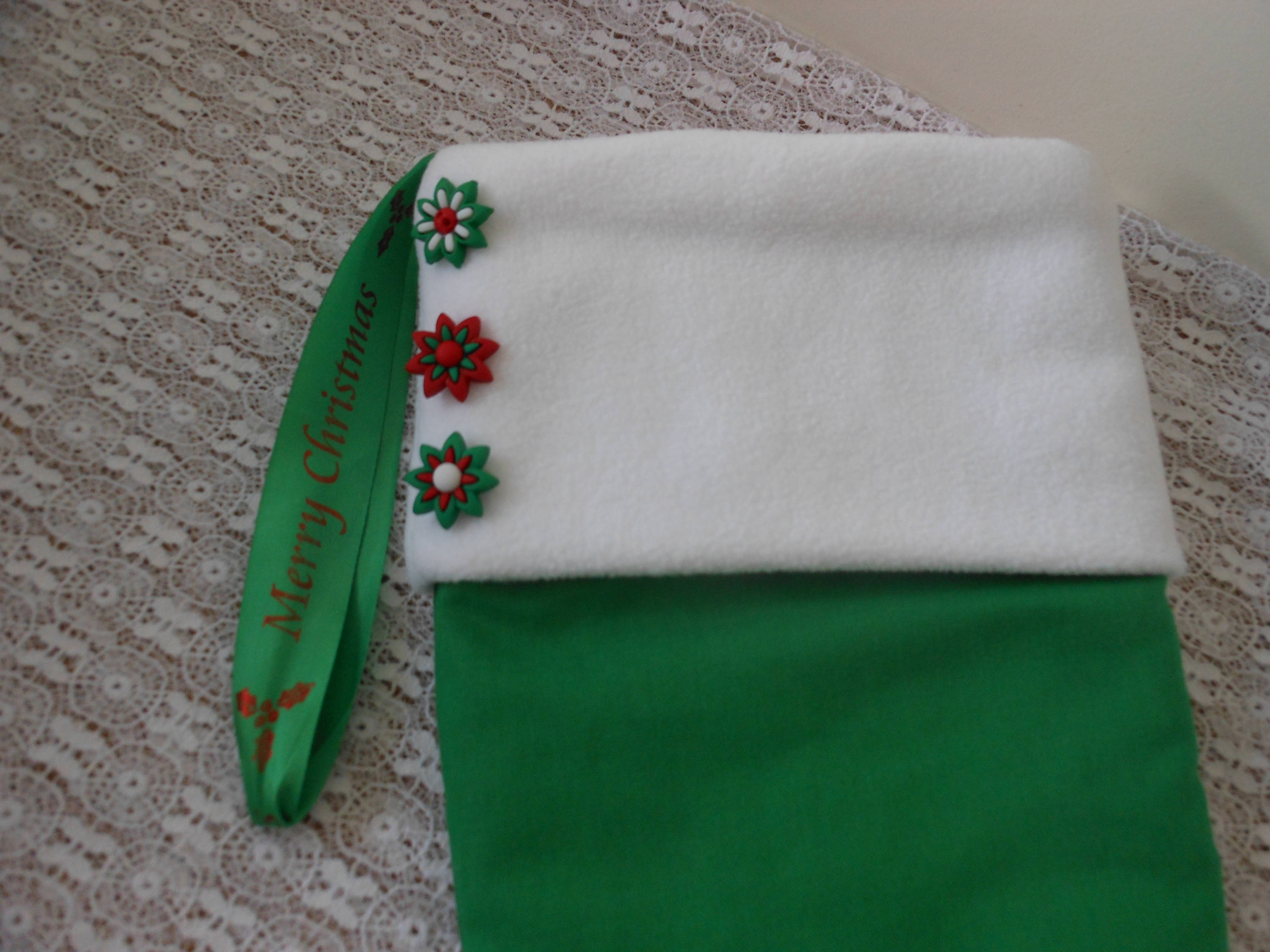 Green Lined Fully Padded Christmas Stocking, White Fleece Cuff ...