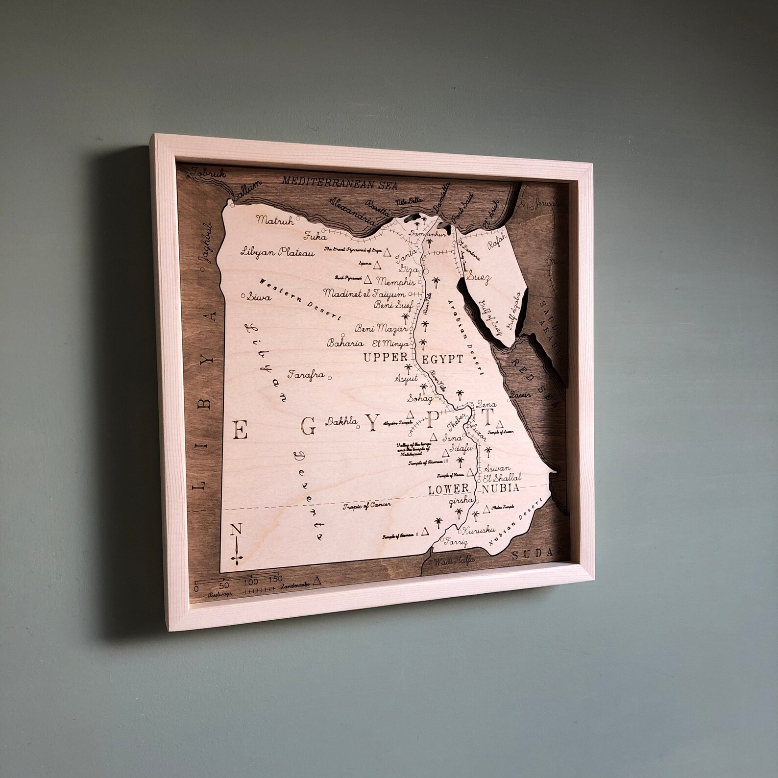 Egypt Wooden Antique Style Handmade Map of Engraved Landmarks Nile ...