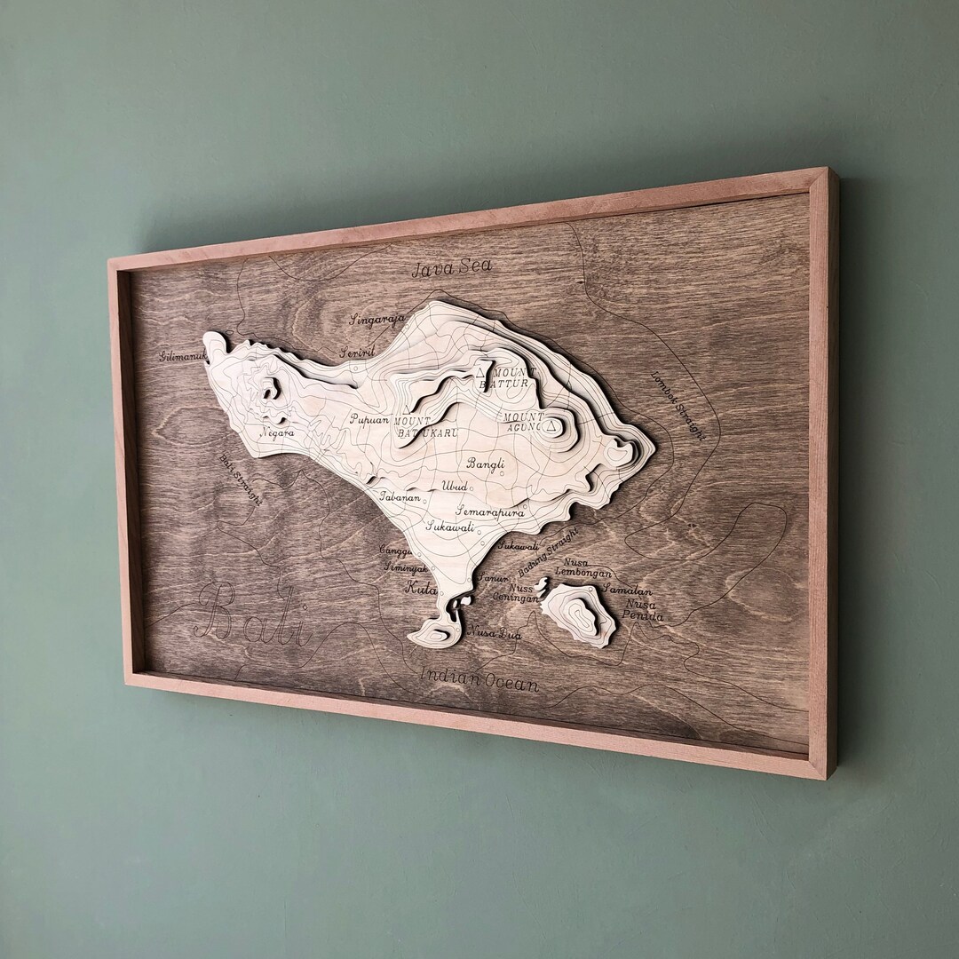 Bali / Wooden Topographic Map / Indonesia / Seminyak / Sanur / Nusa Dua ...
