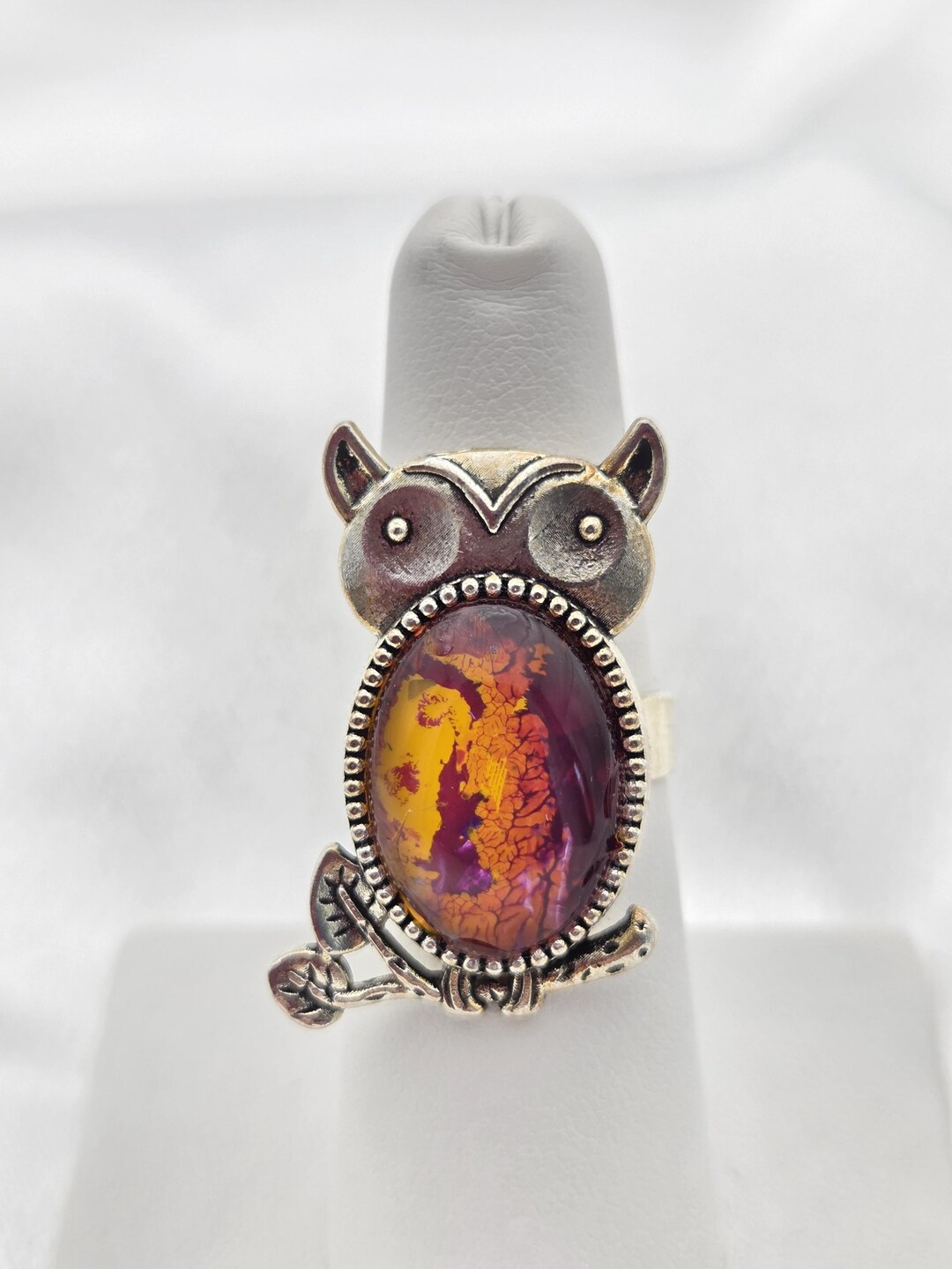 Fire Opal Owl Adjustable Ring — Abstract Art Cabochon Jewelry in ...
