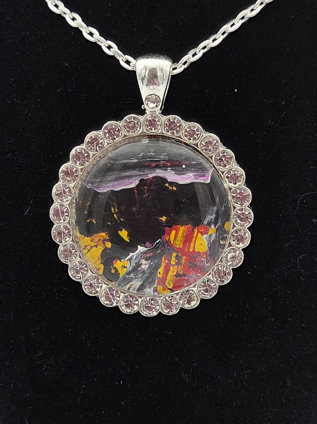 Red Yellow Pendant Necklace – Black Rhinestone Framed Abstract Art - Etsy