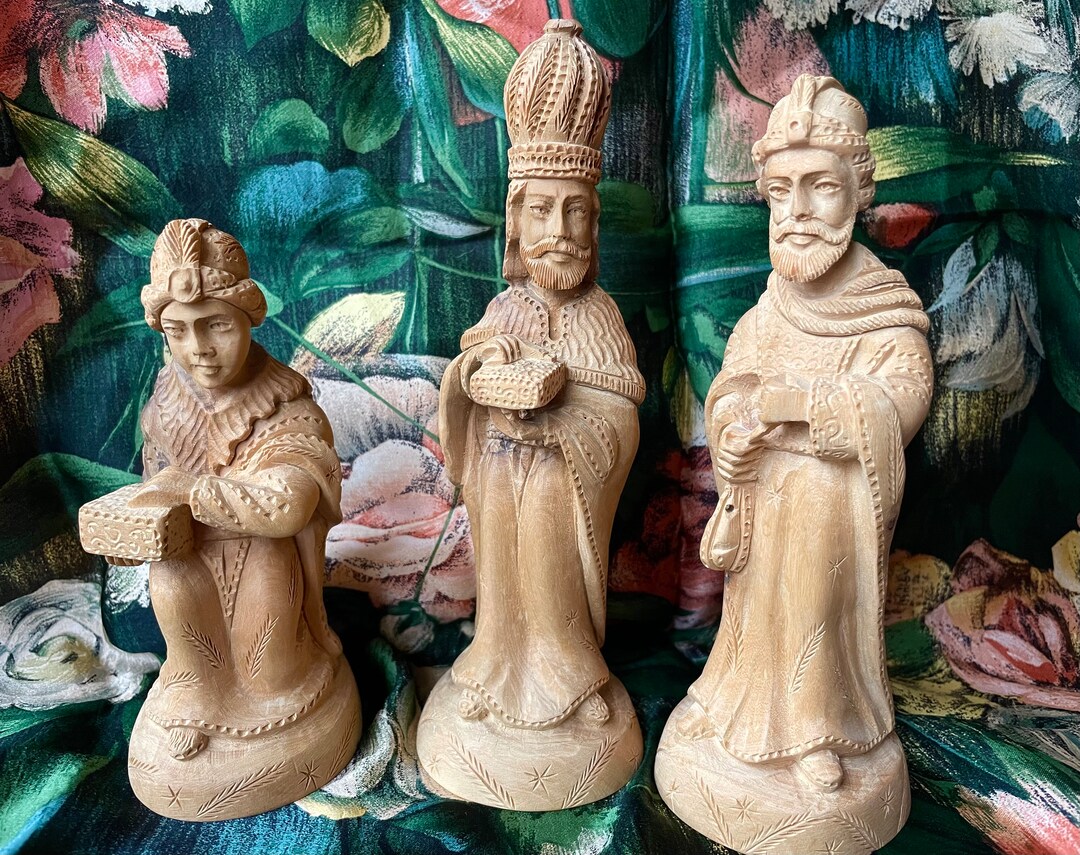 Ornately Hand-carved Olive Wood Three Kings Figurines, Bethelehem, Magi ...