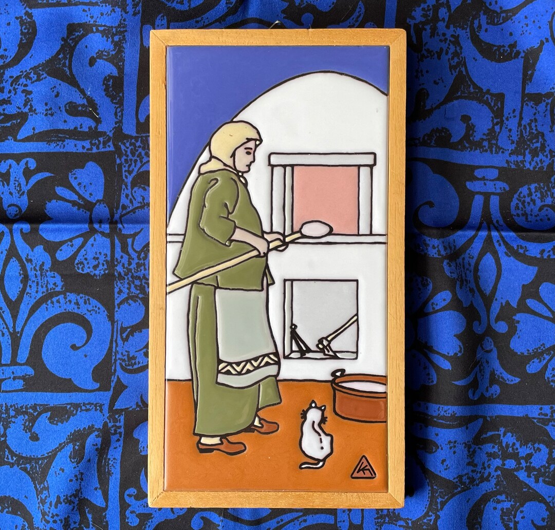 Vintage Greek Ceramic Tile Lady With Cat Baking Bread - Etsy