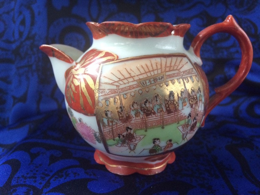 Vintage Japanese Creamer Pitcher in Red and Gold, Banquet Scene ...
