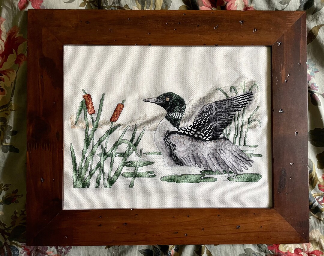Beautiful Hand Embroidered Image of Loon With Cattails, Cross Stitch ...