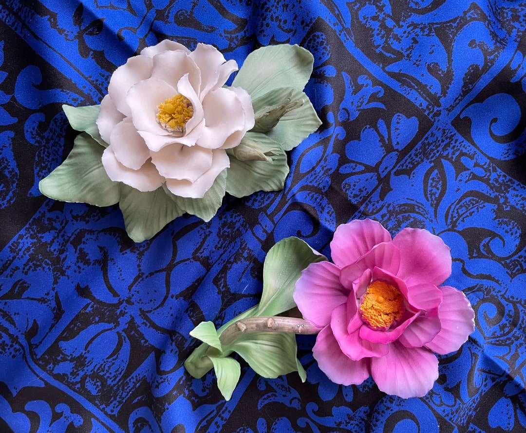 Pair of Capodimonte Porcelain Roses Figurines, White Rosa Alba, Violet ...