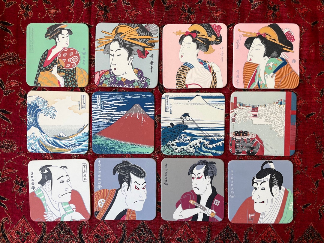Lovely Set of Twelve Japanese Square Coasters and Box, Ukiyo-e ...