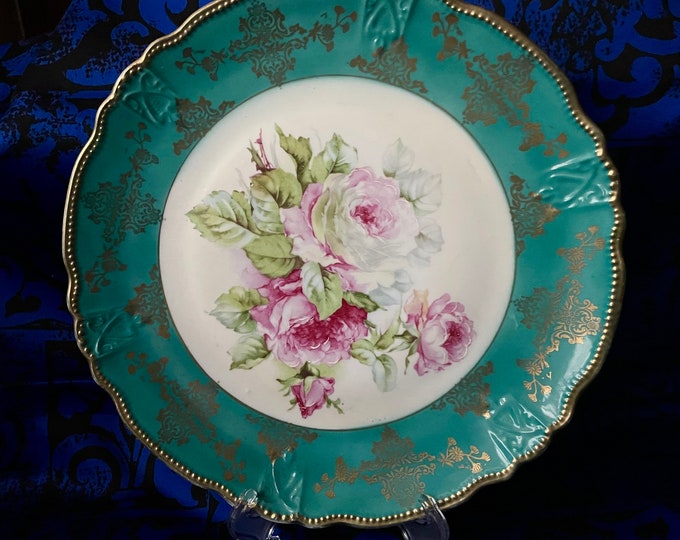 Antique Three Crown China Cabinet Plate With Teal Green Verge, Pink ...