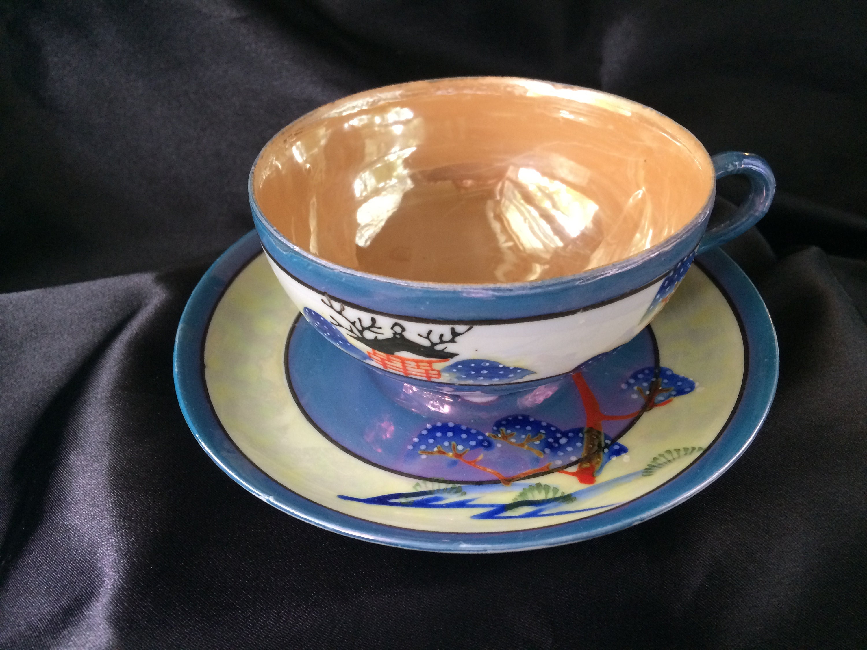 Fabulous hand-painted lusterware porcelain cup and saucer with | Etsy