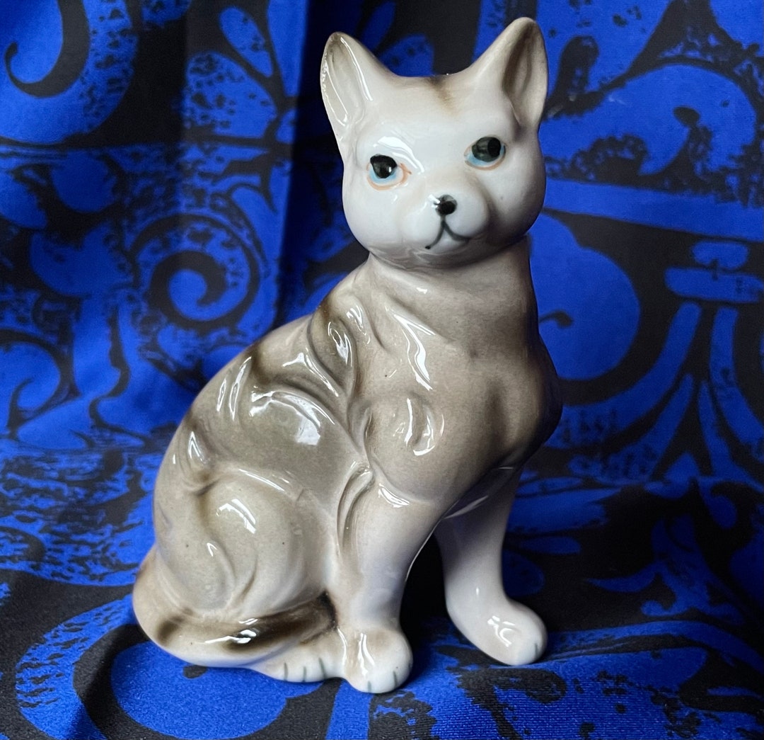 Bone China Blue Eyed Tabby Cat Figurine, Stripes, Miniature, Cat ...