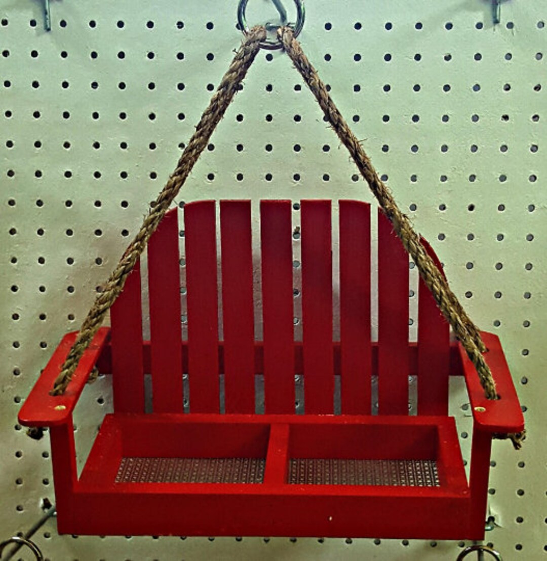 Wooden Hanging Red Bird Feeder Bench Swing Seat Seed Garden Handcrafted ...