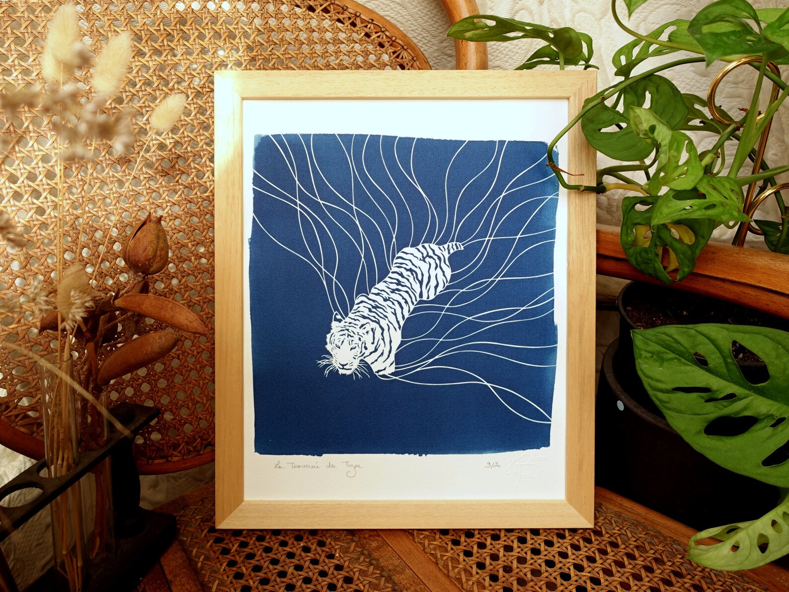 Swimming Bengal Tiger Illustration, Cyanotype Print, Simple Wall Art ...