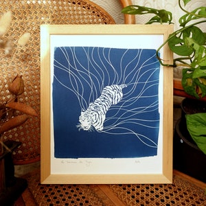 Swimming Bengal Tiger Illustration, Cyanotype Print, Simple Wall Art ...