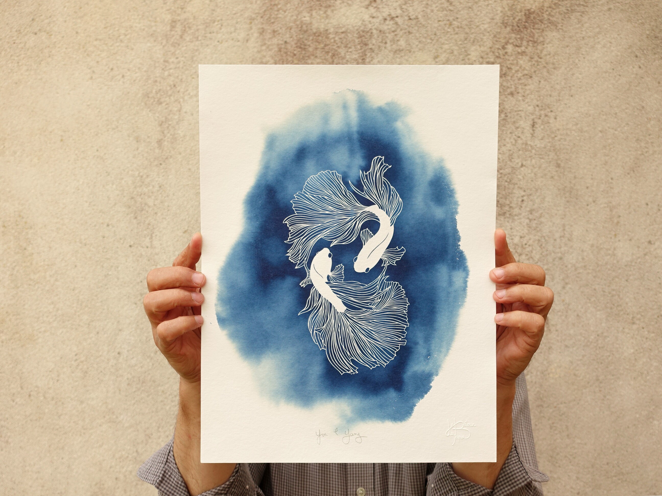 Betta Fish Original Cyanotype Yin Yang Blue Wall Art Feng - Etsy