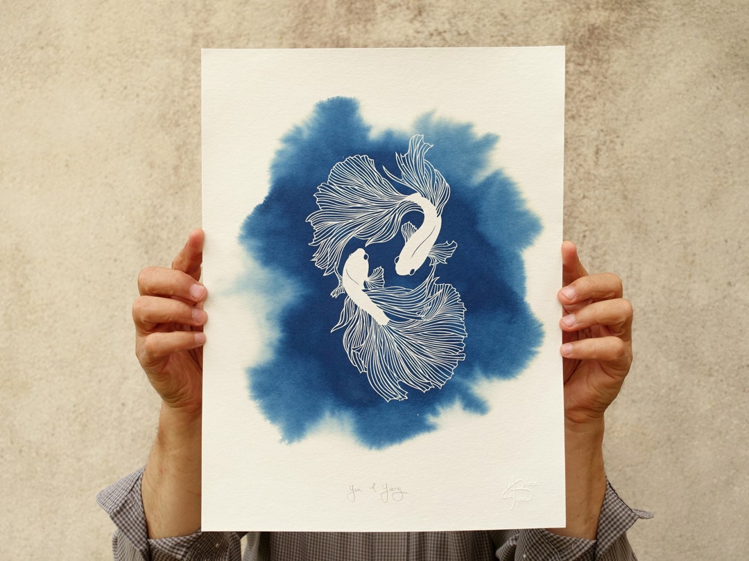 Betta Fish Original Cyanotype, Yin Yang Blue Wall Art, Feng Shui Wall ...