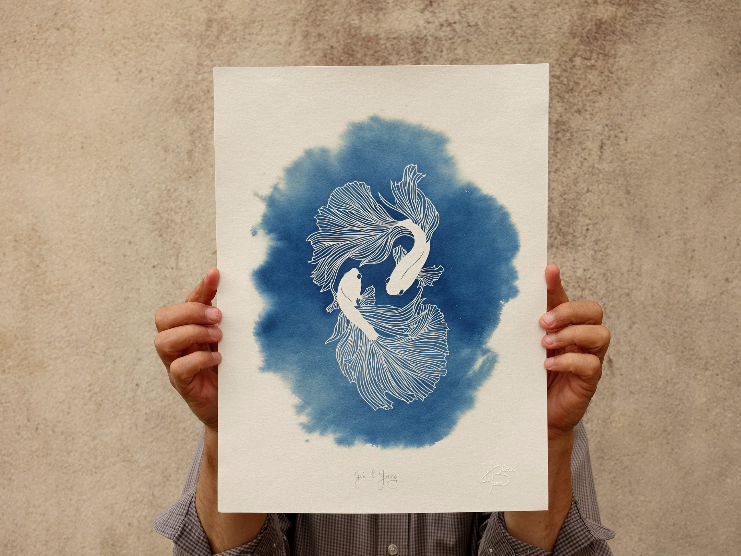 Betta Fish Original Cyanotype Yin Yang Blue Wall Art Feng - Etsy
