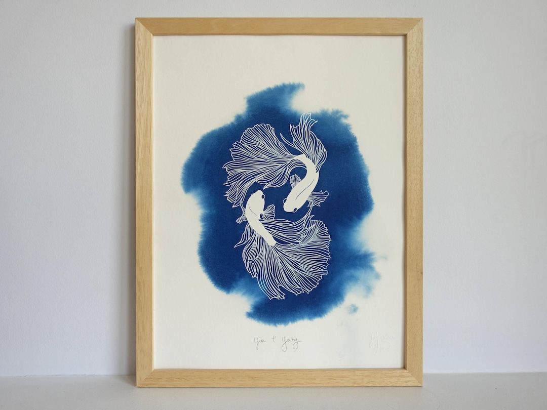 Betta Fish Original Cyanotype, Yin Yang Blue Wall Art, Feng Shui Wall ...