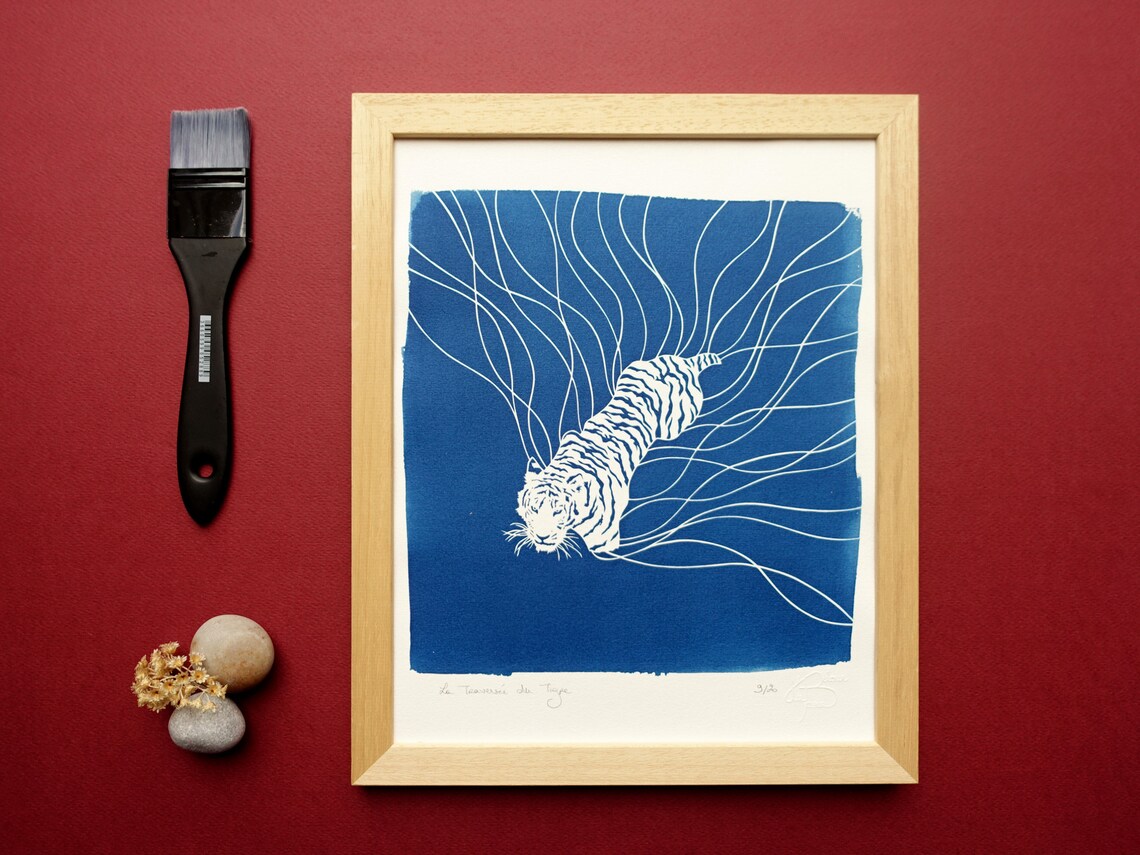 Swimming Bengal Tiger Illustration, Cyanotype Print, Simple Wall Art ...