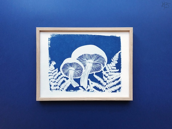Cyanotype Poster Gift Fern & Mushroom Art Forest Print Art | Etsy