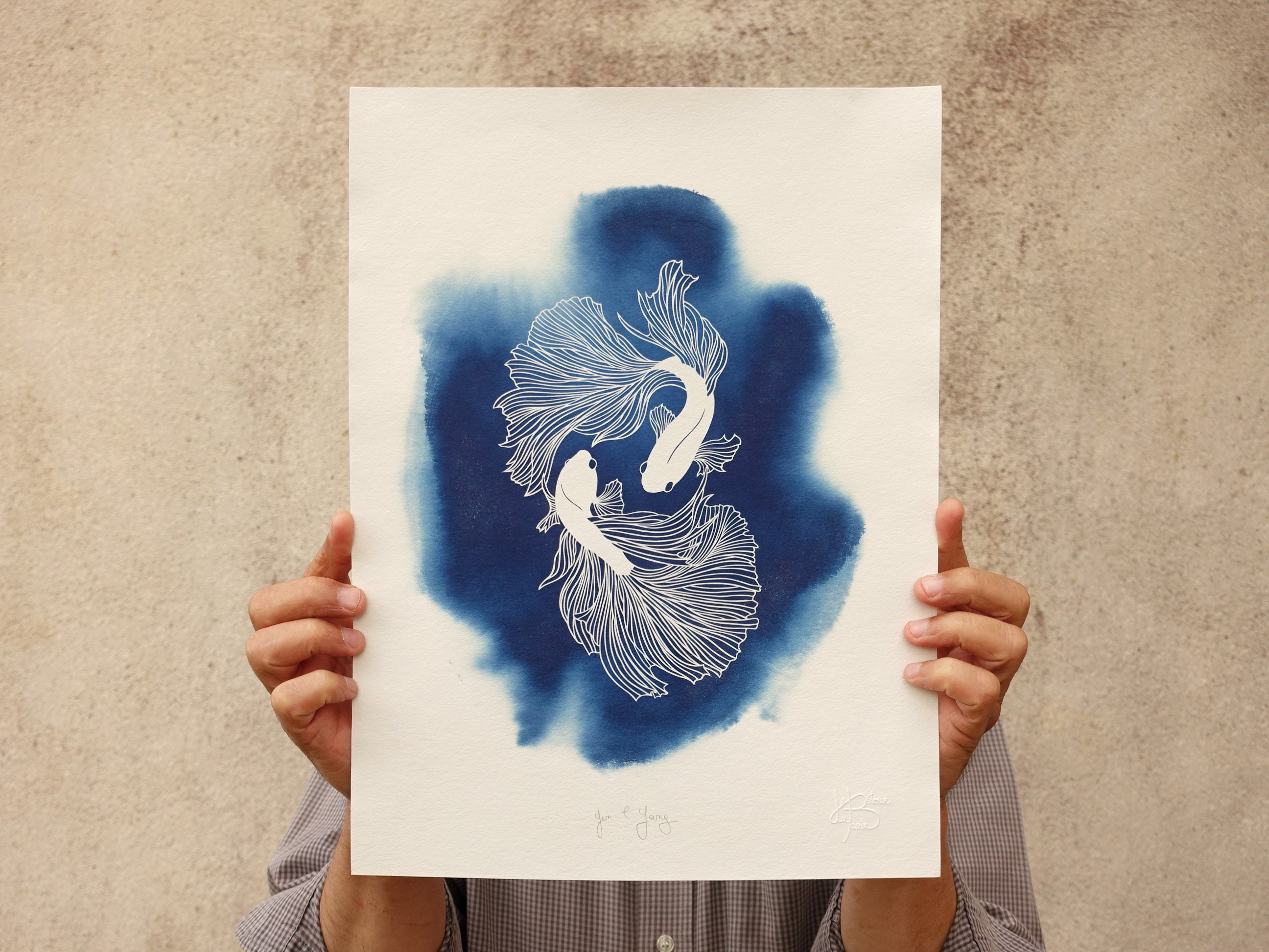Betta Fish Original Cyanotype, Yin Yang Blue Wall Art, Feng Shui Wall ...