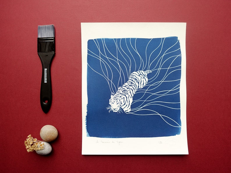 Swimming Bengal Tiger Illustration, Cyanotype Print, Simple Wall Art ...