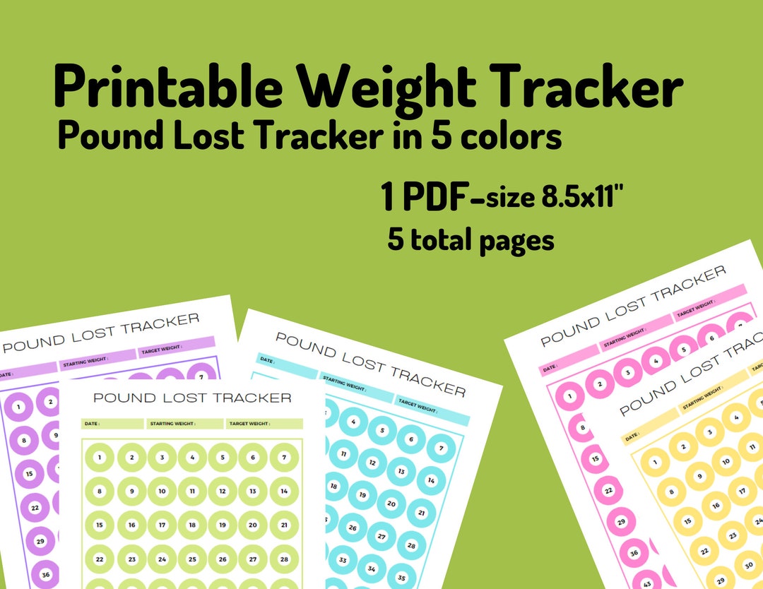 Printable Weight Tracker, Pound Tracker up to 56 in 5 Different Colors ...