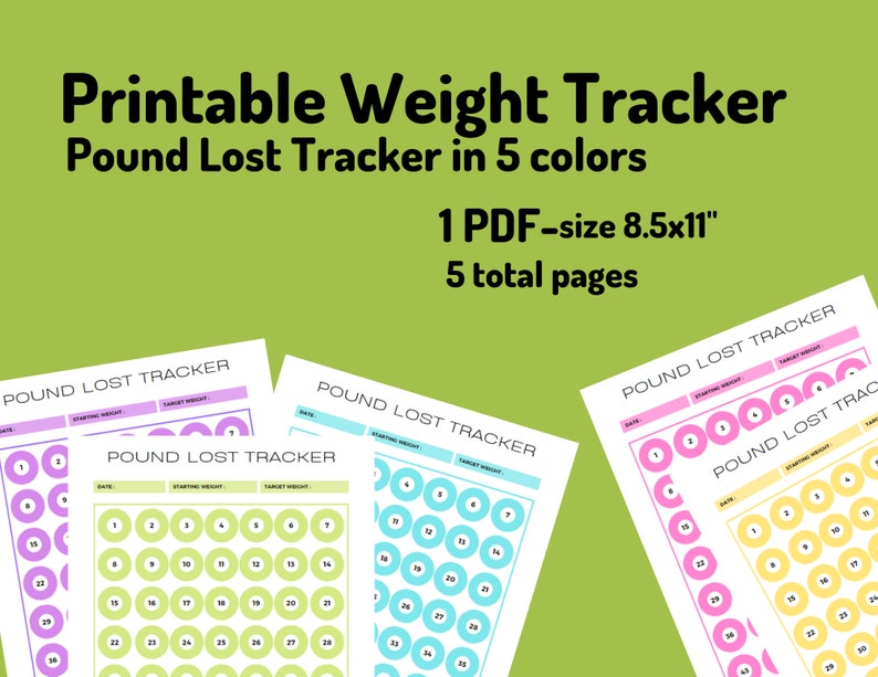 Printable Weight Tracker, Pound Tracker up to 56 in 5 Different Colors ...