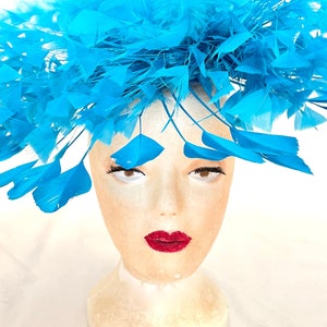 Large Turquoise Blue Mixed Feather Hat, Blue Feather Fascinator, Blue ...