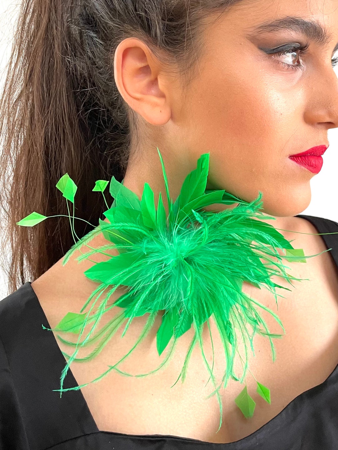 Hand Made Feather Neck Flower, Bright Green Feather Flower Choker, Prom ...