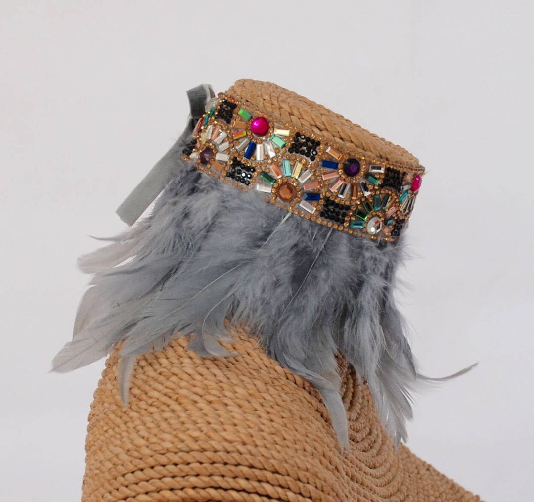Grey Swan Feather Choker, Multi-colour Rhinestone Neck Band, Colourful ...