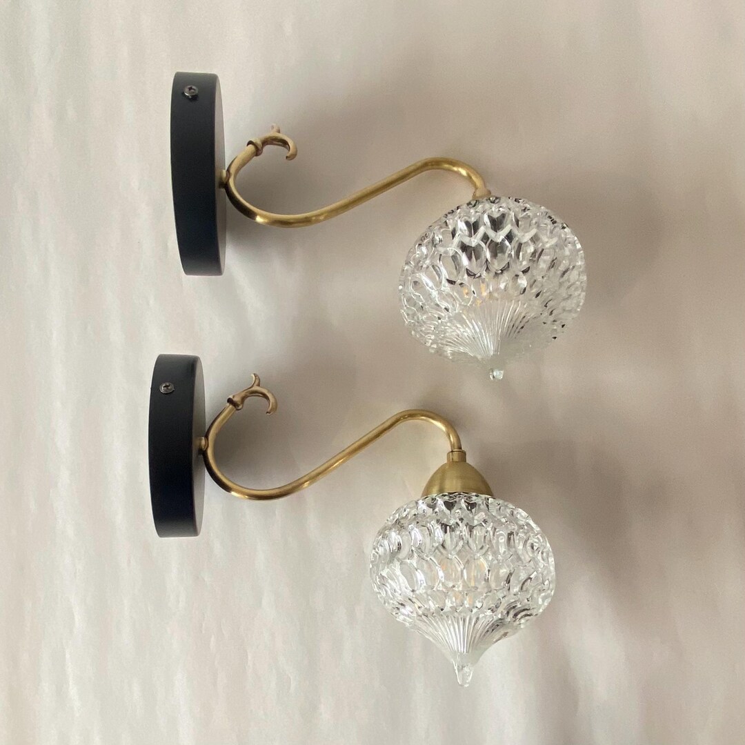 Pair of Brass Swan Neck Wall Lights Tulip Globe Aladin in Molded Glass ...