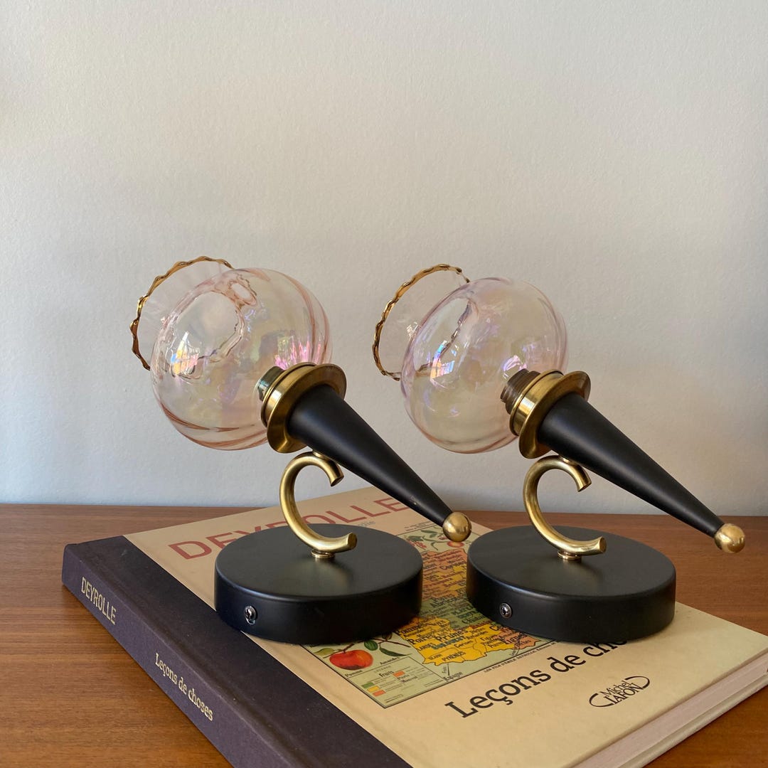 Pair of Torch-style Wall Lights With Iridescent Pink Glass Shades and ...