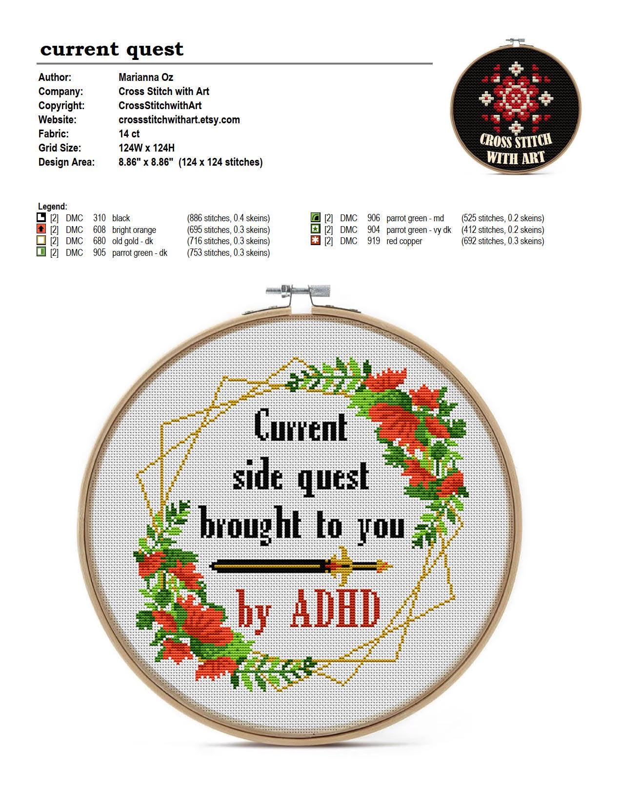ADHD Side Quest Cross Stitch Pattern – Mental Health Humor (PDF) - Etsy