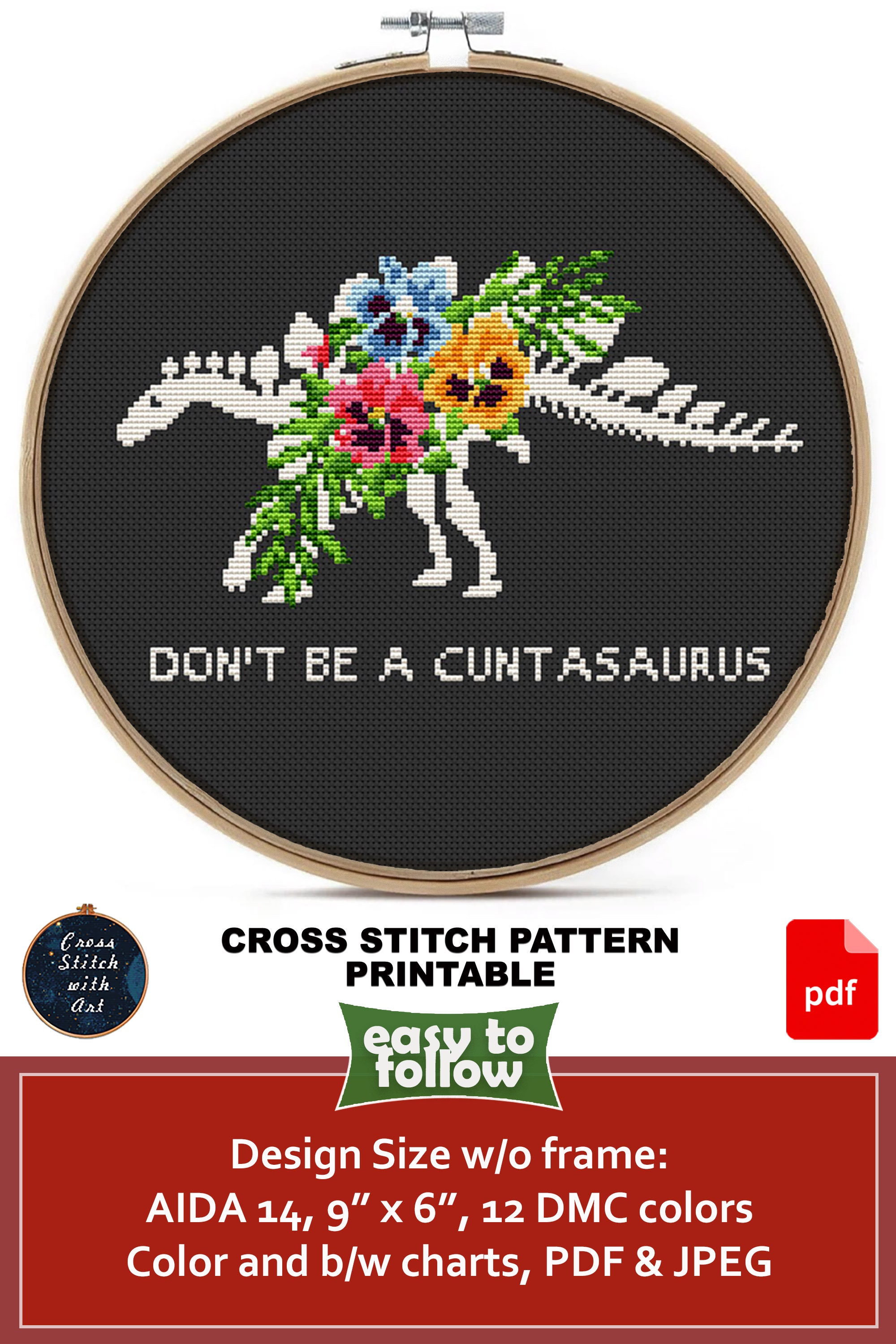 Funny Dinosaur Cross Stitch Pattern – Snarky Cuntasaurus, Swearing Dino ...