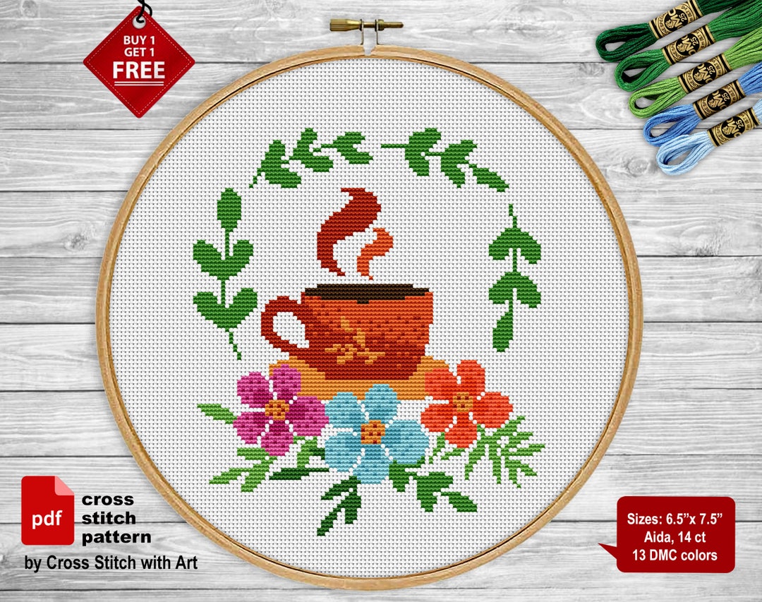 Coffee Cross Stitch Pattern. Flower Cross Stitch PDF. Modern Cross ...