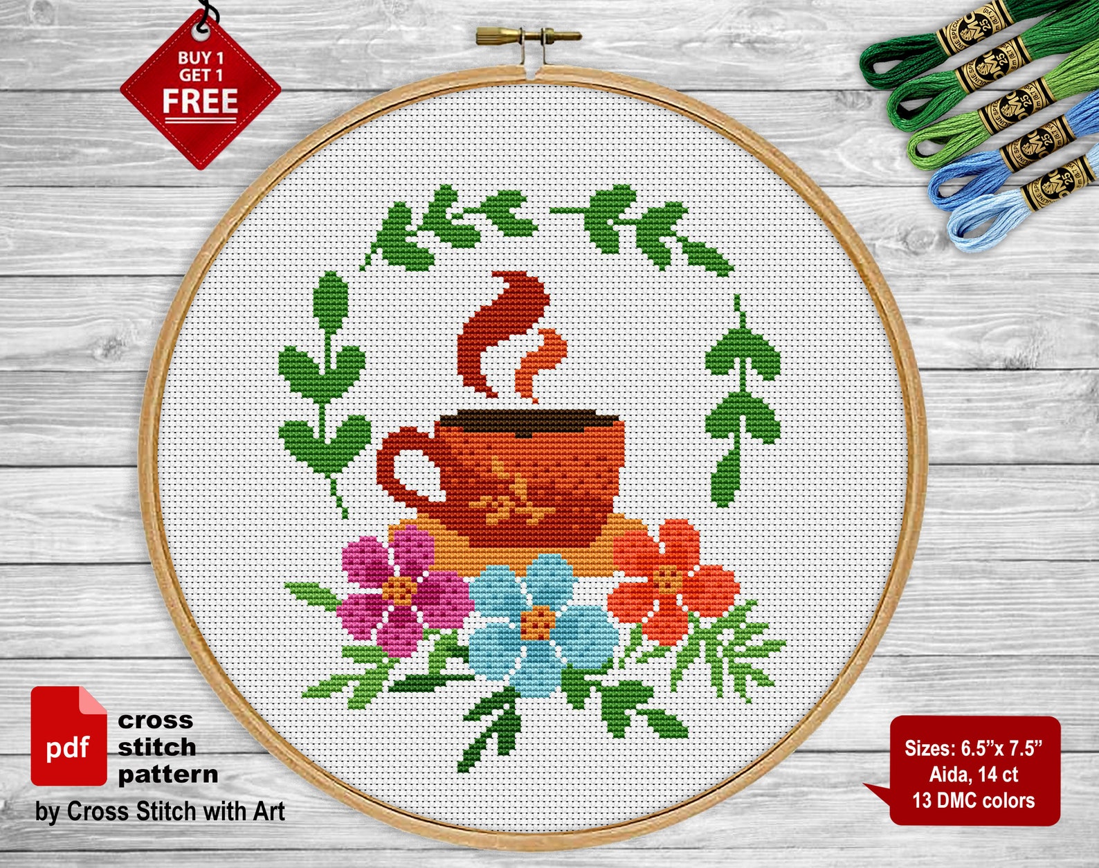 Coffee Cross Stitch Pattern. Flower Cross Stitch PDF. Modern - Etsy