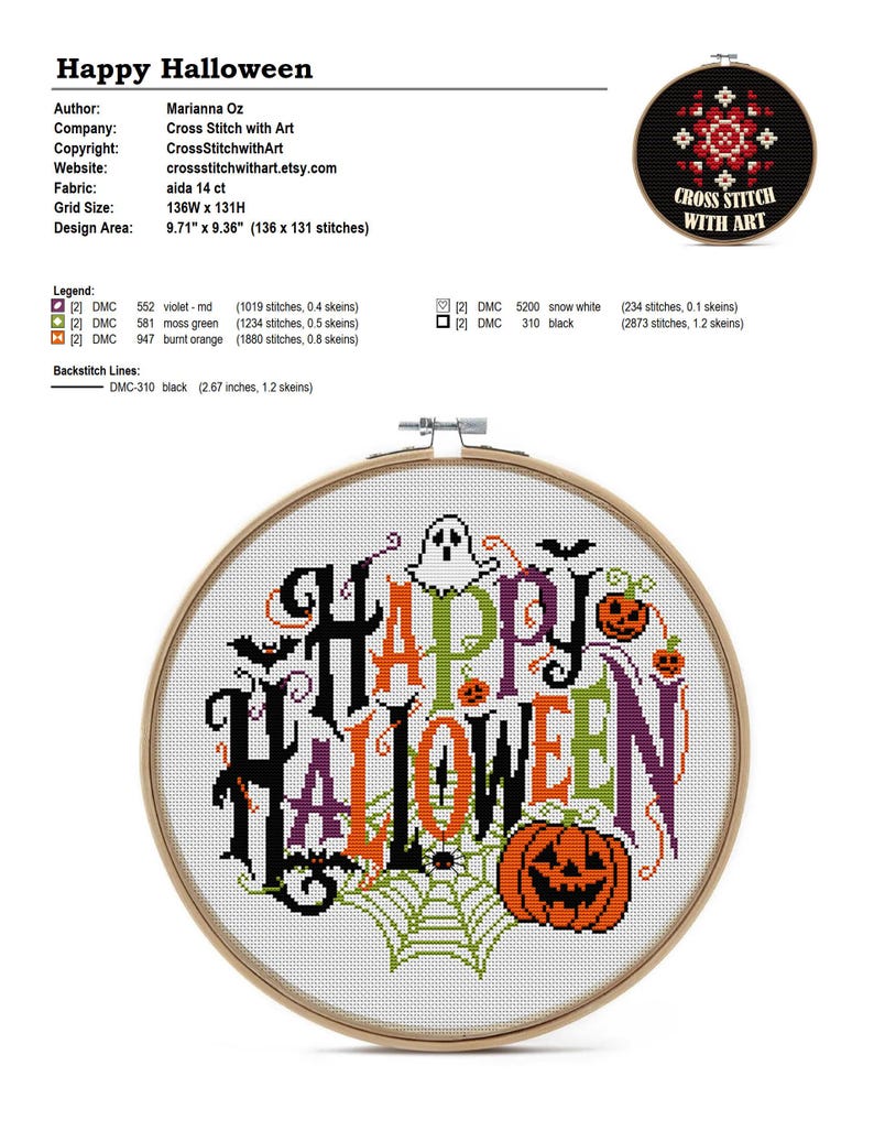 Happy Halloween Cross Stitch Pattern PDF – Spooky Autumn Decor, DIY ...