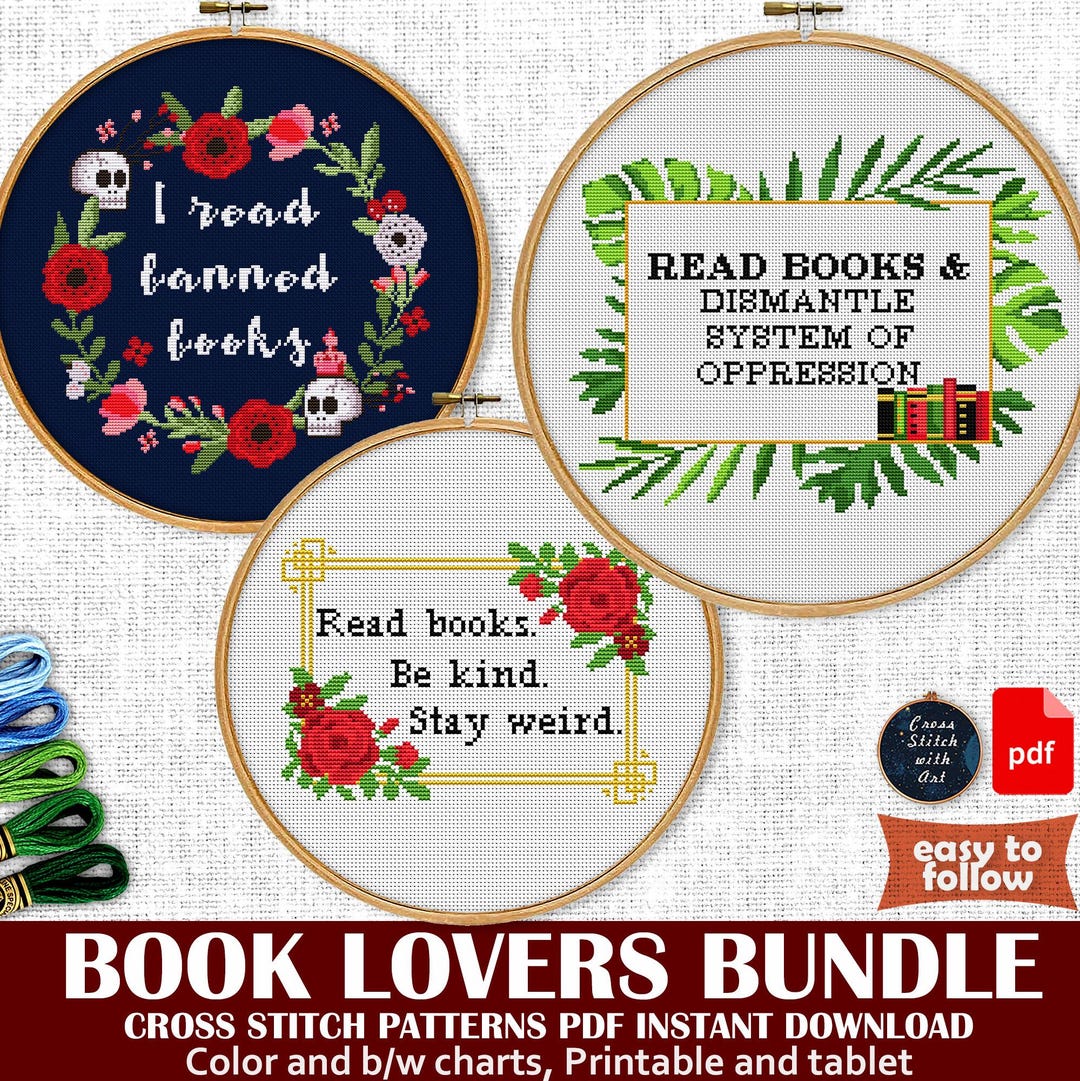 Bookish Cross Stitch Patterns Bundle. Book Lovers Funny Cross Stitch ...