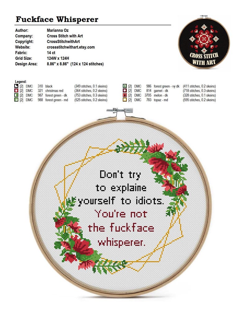 Fuckface Whisperer, Funny Sarcastic Cross Stitch Pattern, Floral Wreath ...