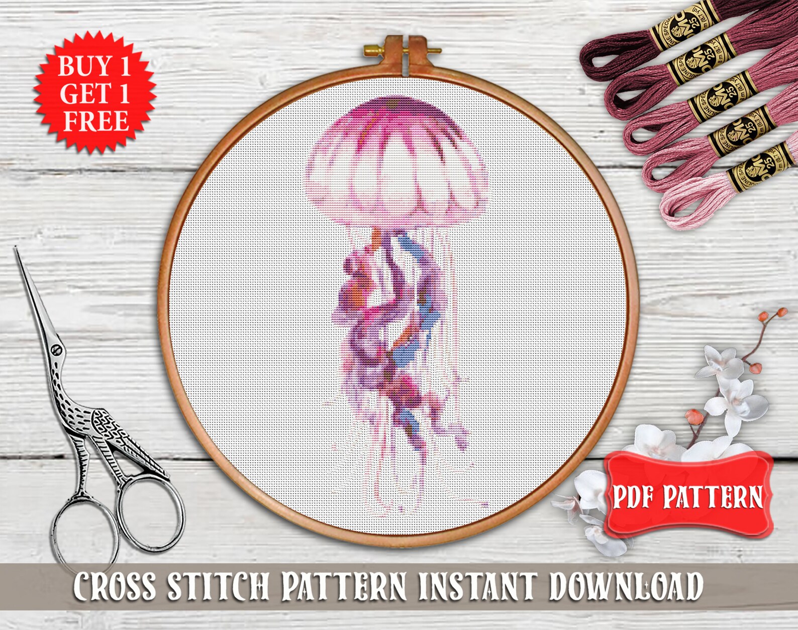 Jellyfish Cross Stitch Pattern PDF Watercolor Medusa Cross - Etsy