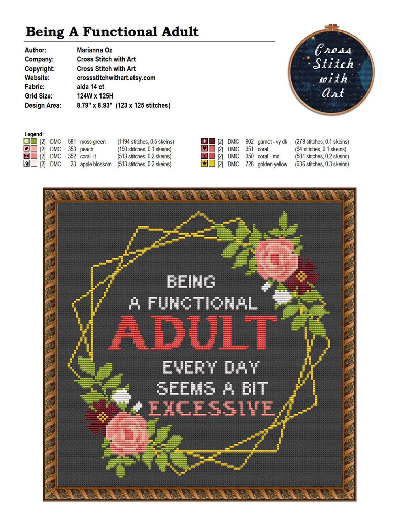 Funny Cross Stitch Pattern. Being A Functional Adult. - Etsy