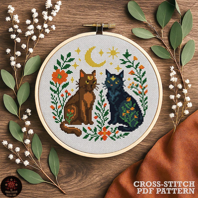 Celestial Cats Cross Stitch Pattern – Witchy Floral Design (PDF) - Etsy