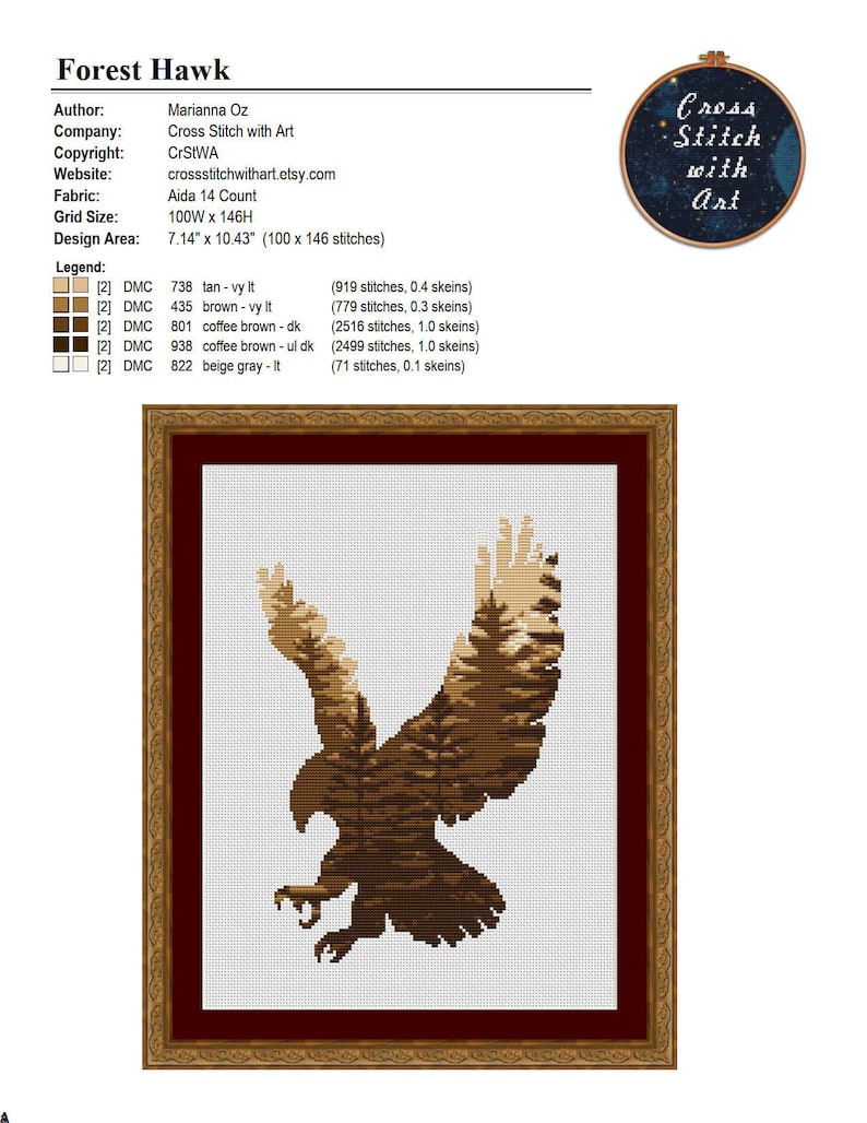 Hawk Cross Stitch Pattern PDF. Forest Scenery Hoop Art. Bird Wall Decor ...