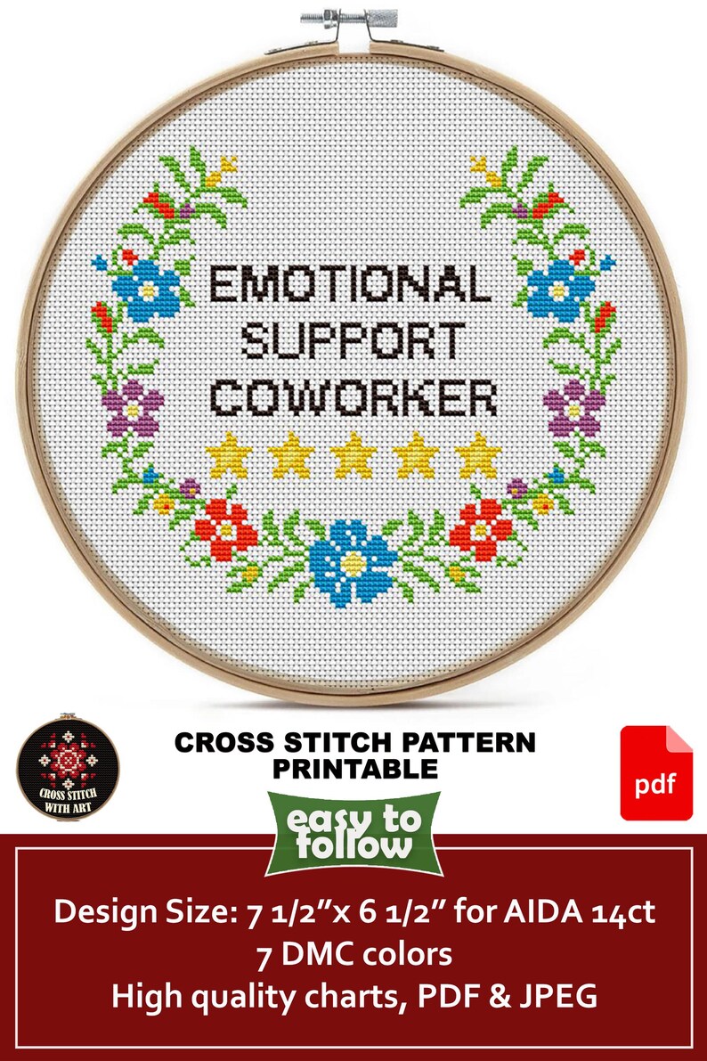 Emotional Support Coworker Cross Stitch Pattern – Floral Embroidery PDF ...