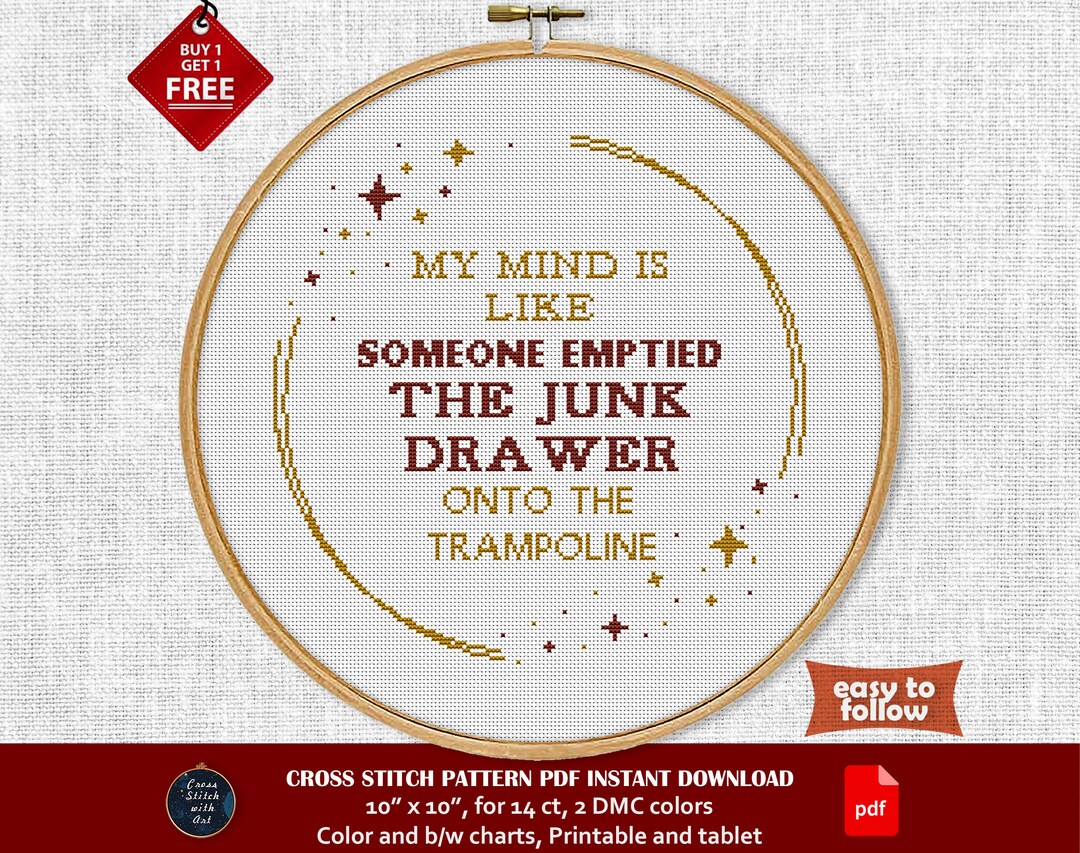 Mental Health Funny Cross Stitch Pattern. Mind is Like a Junk Drawer on ...