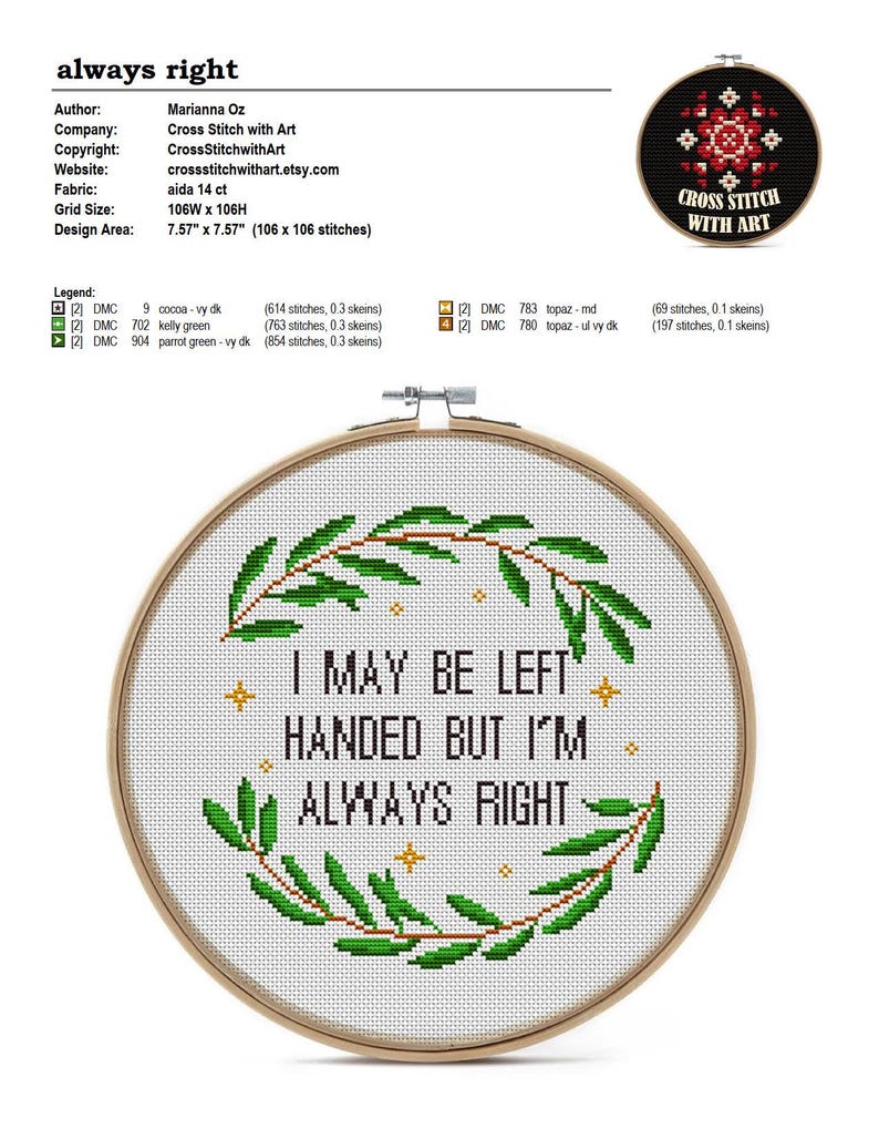 Left Handed & Always Right Cross Stitch Pattern – Sarcastic Humor (PDF ...