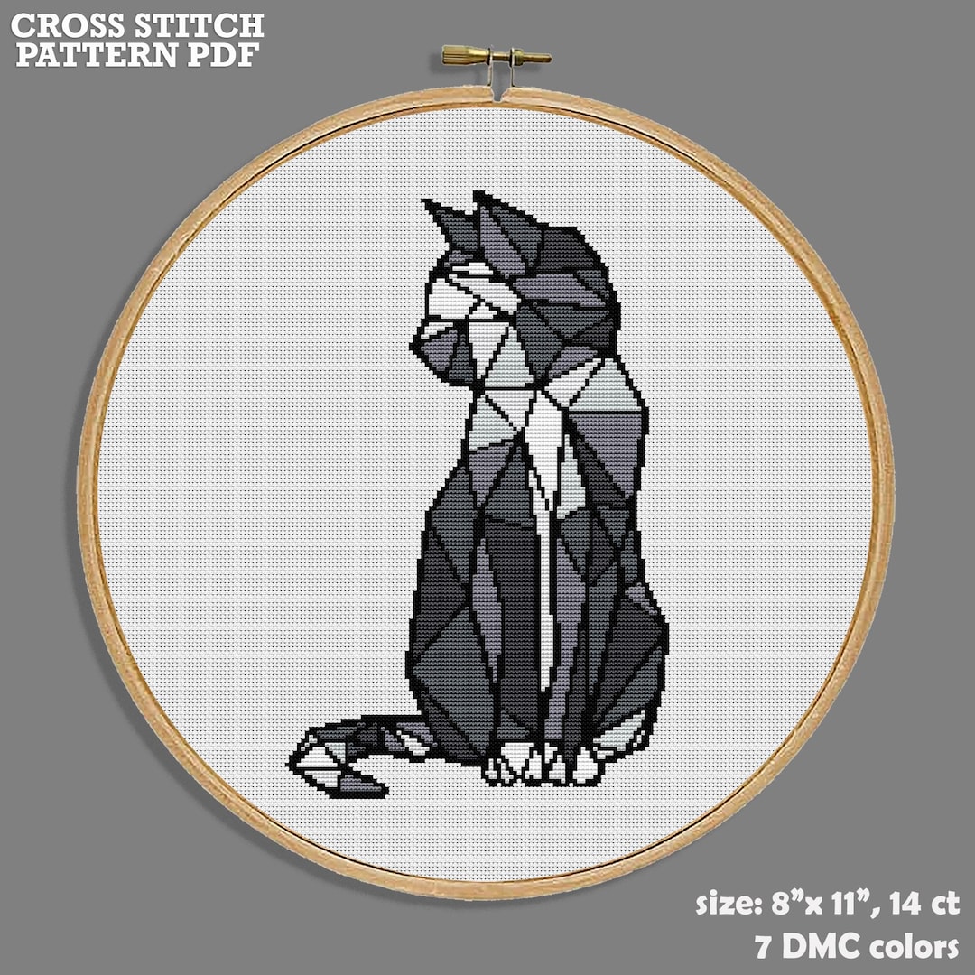 Geometric Gray Cat Cross Stitch Pattern – Modern Cat Embroidery Design ...