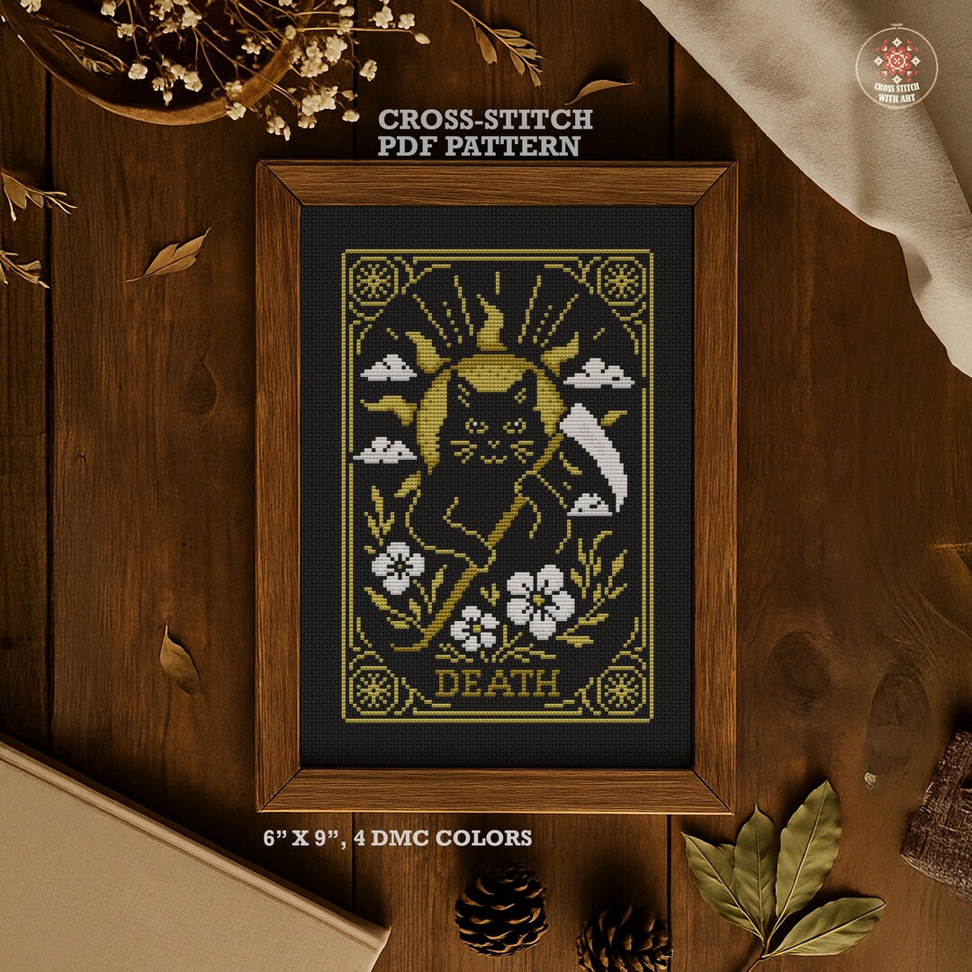 Gothic Black Cat Cross Stitch Pattern PDF. the Death, Funny Tarot Card ...